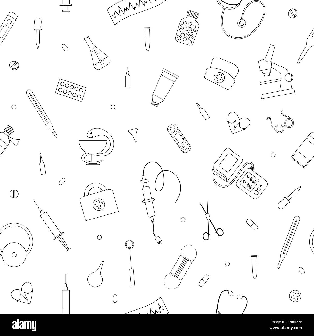 Vector seamless pattern with flat medical line icons. Medicine or ...