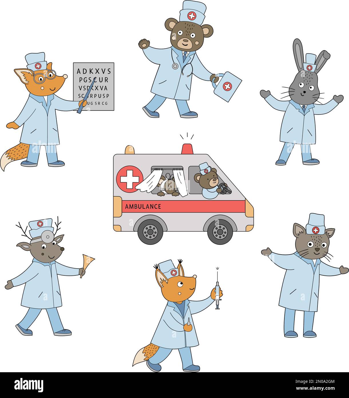 Set of vector animal doctors with ambulance car. Cute funny characters ...