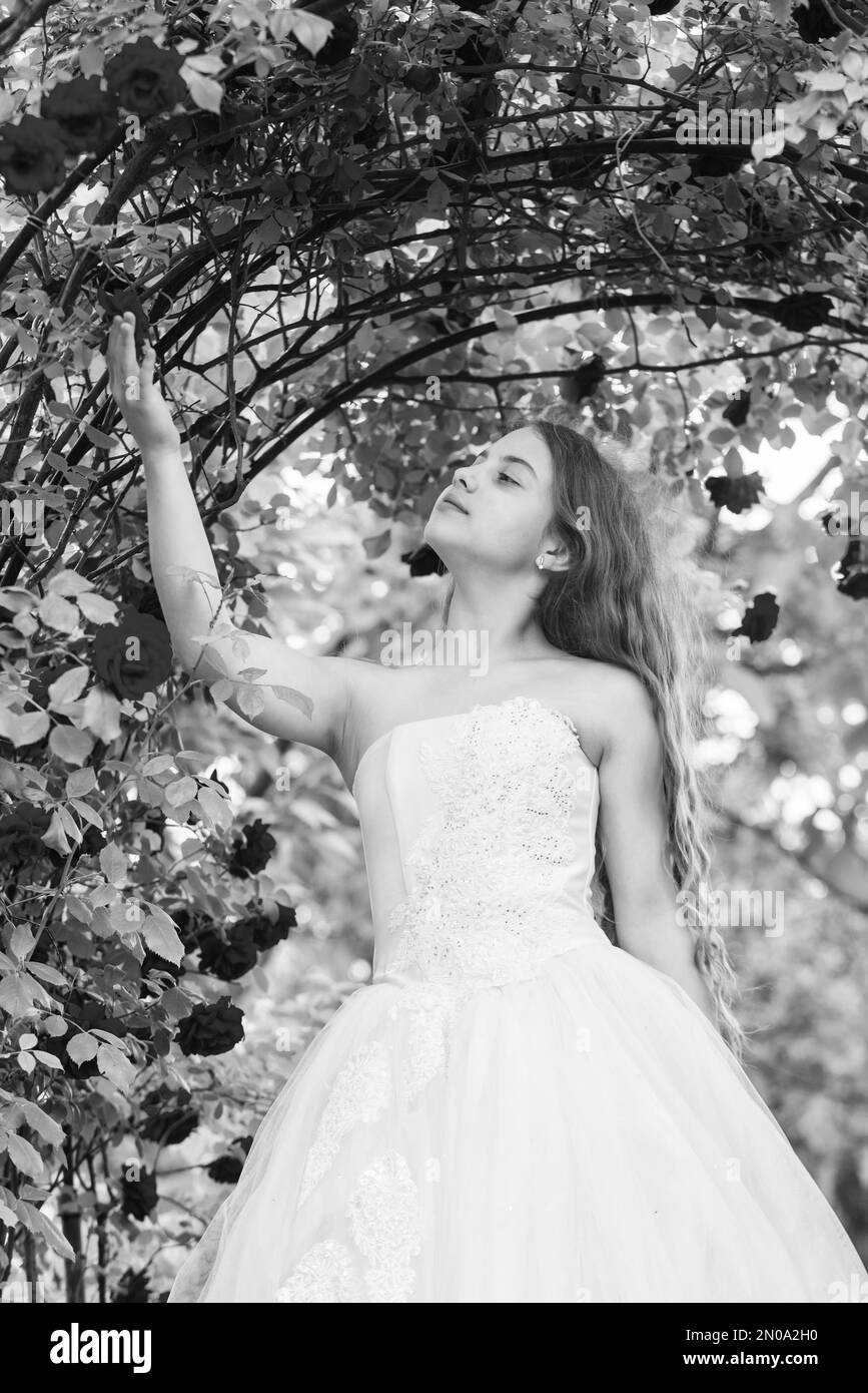 Gorgeous bridesmaid fashionable girl white dress roses garden, romantic ...