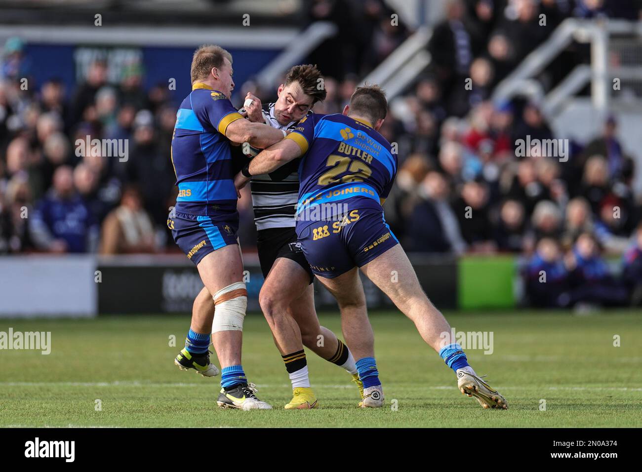 Wakefield, UK. 05th Feb, 2023. Tex Hoy #1 of Hull FC is tackled by ...