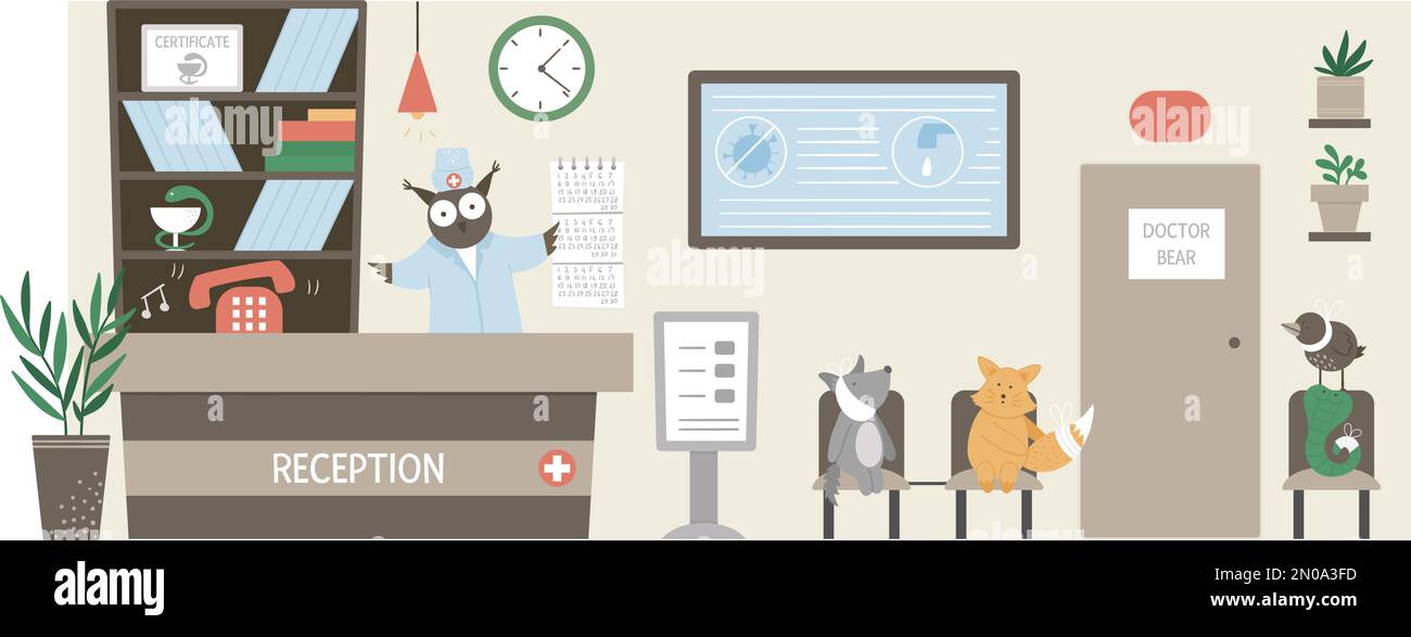 Vector hospital reception. Funny animals waiting for the doctor in ...