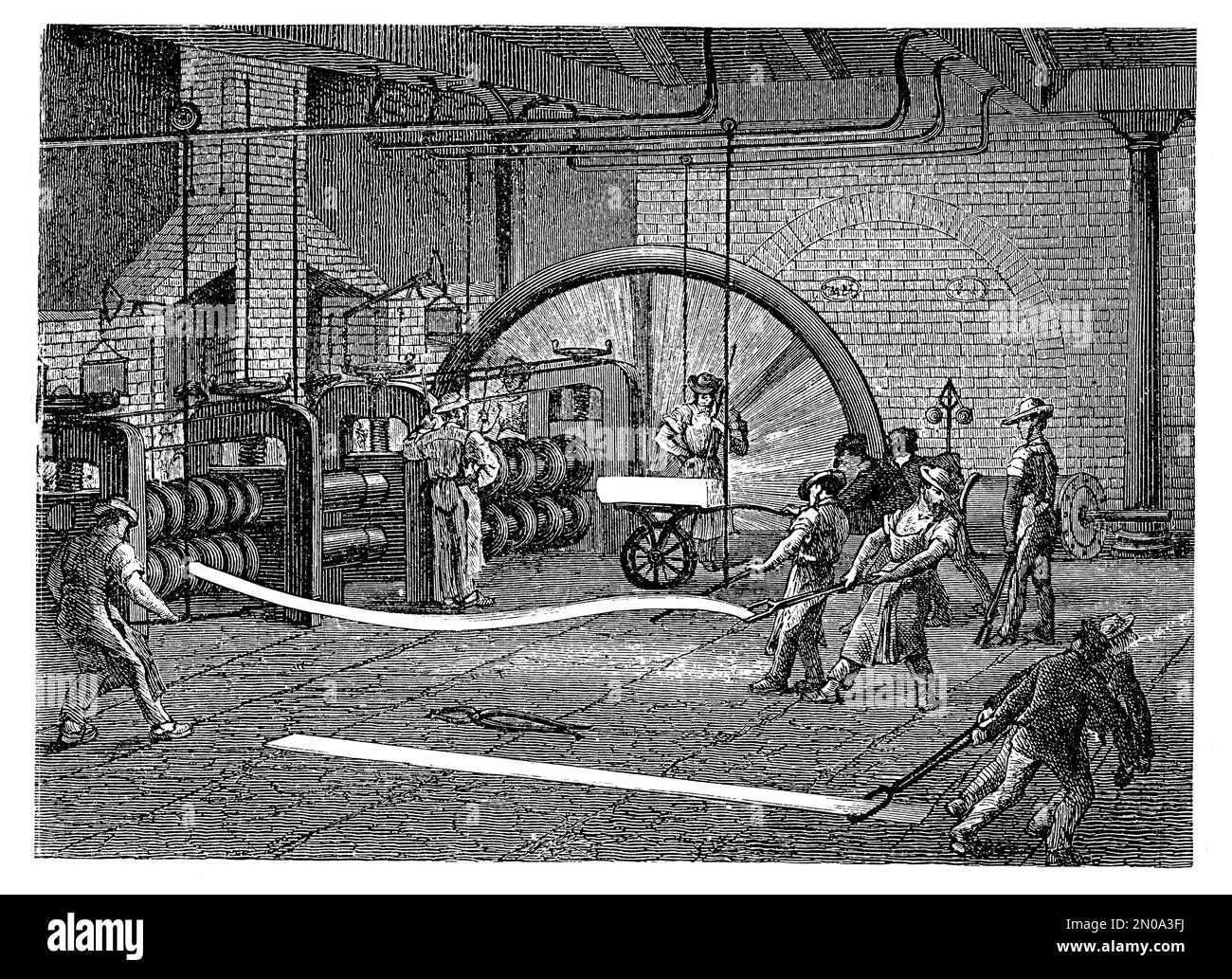 19th-century engraving of a rolling mill. Published in Systematischer ...