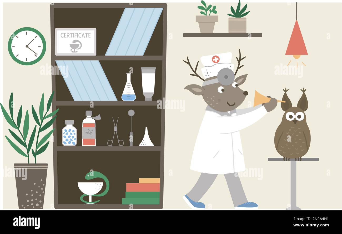 Vector hospital ward. Funny animal doctor checking patients ears in ...