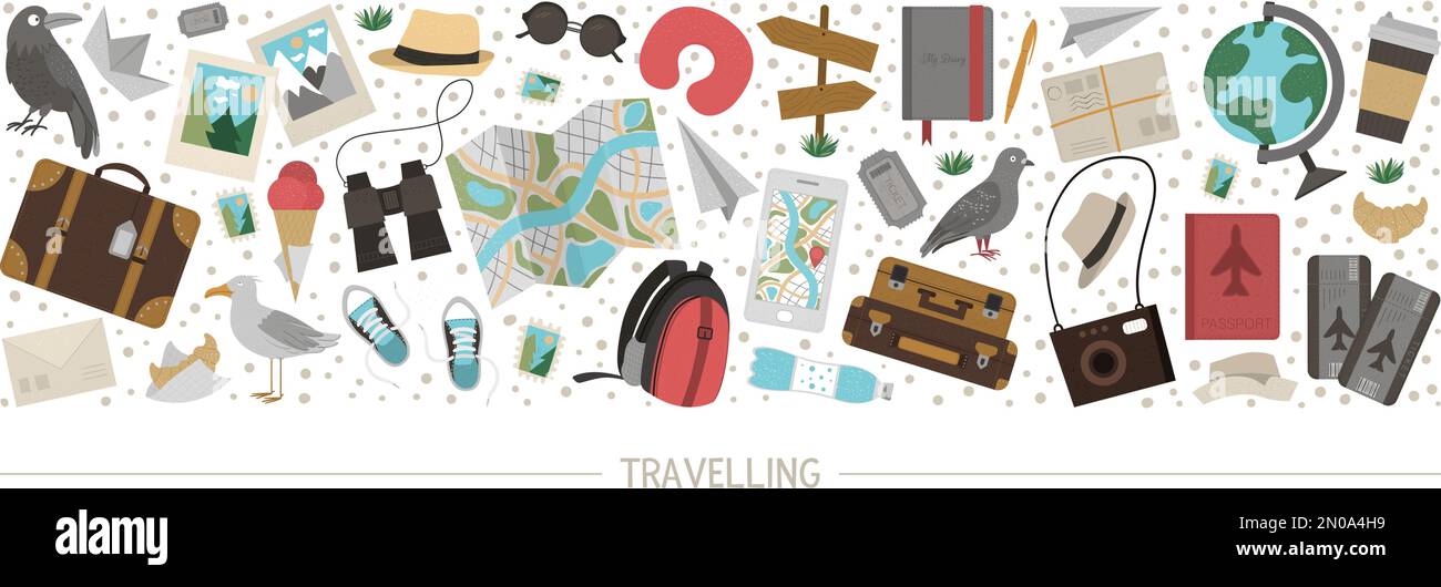 Vector horizontal layout set with travelling objects. Journey elements ...