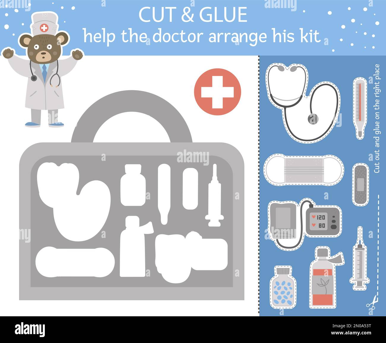 Vector medical cut and glue for children. Medicine educational activity ...