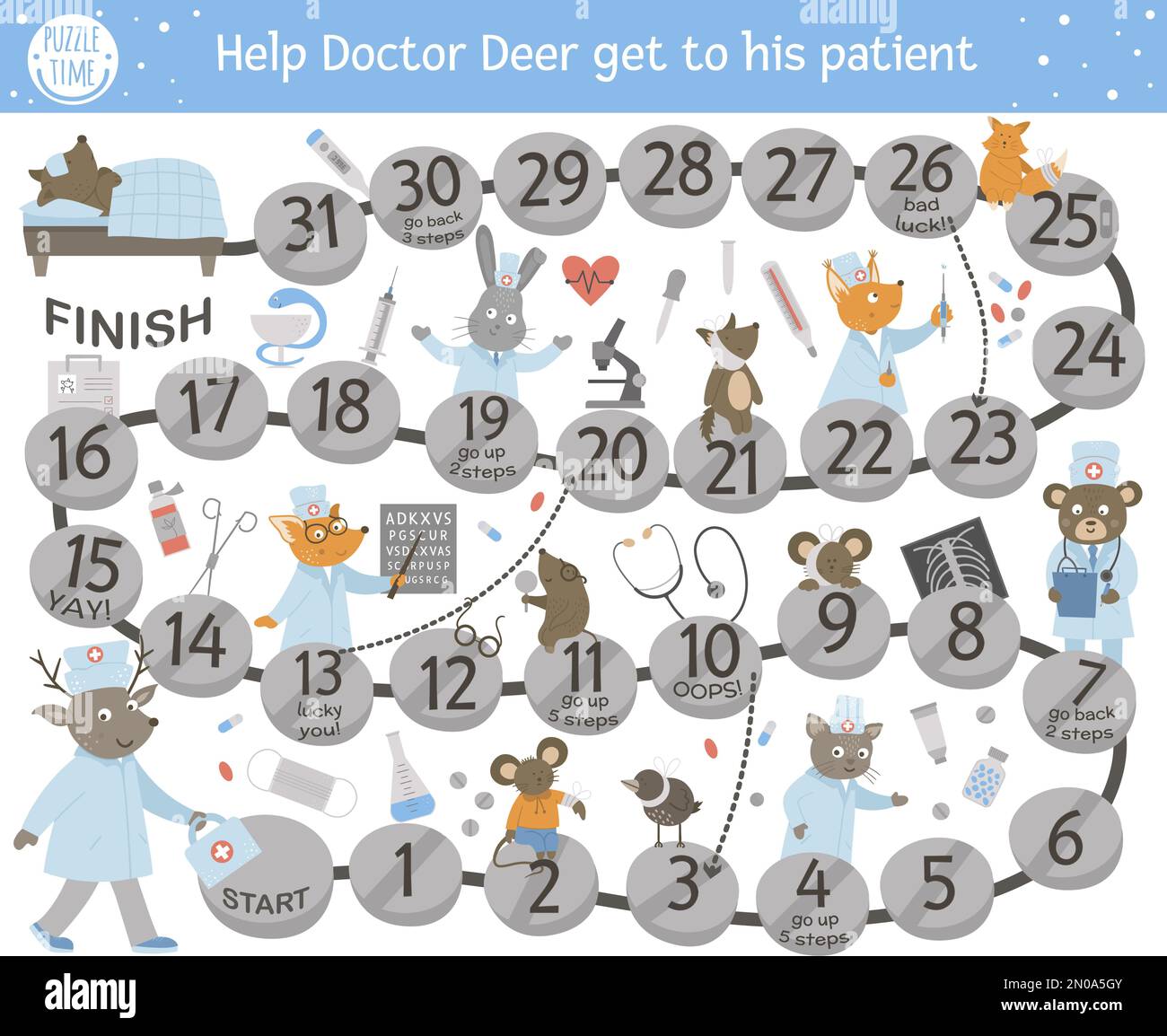 Medical adventure board game for children with cute characters ...