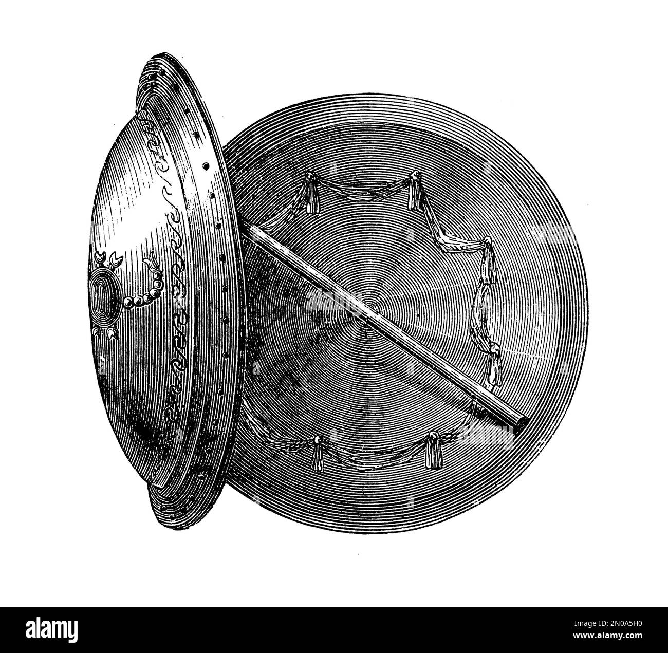 Antique engraving of Ancient Greek military equipment. Illustration ...