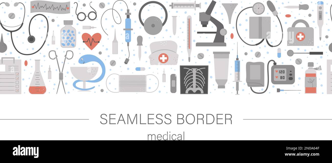 Vector seamless pattern brush with flat medical icons. Medicine or ...