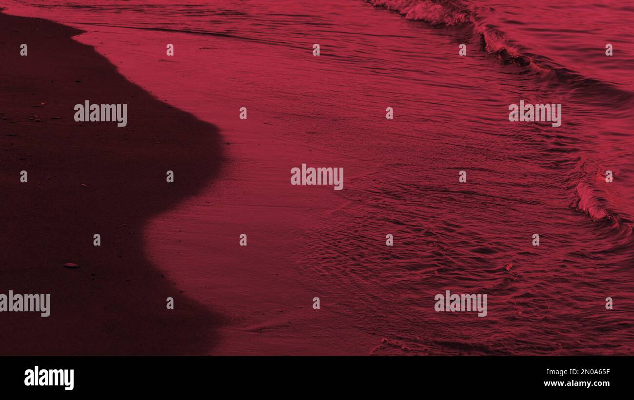 Beach view. Tranquil sea and seashore with viva magenta background ...