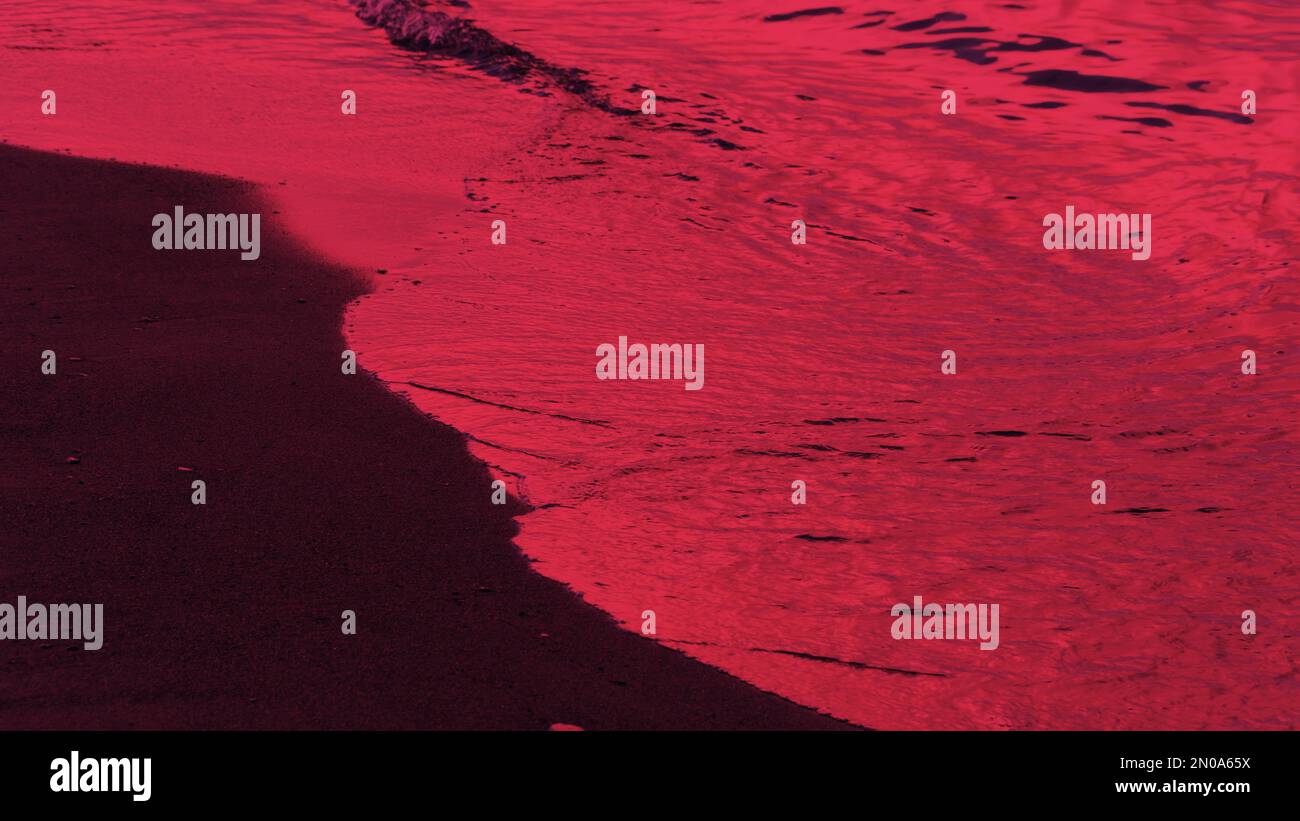 Beach view. Tranquil sea and seashore with viva magenta background ...