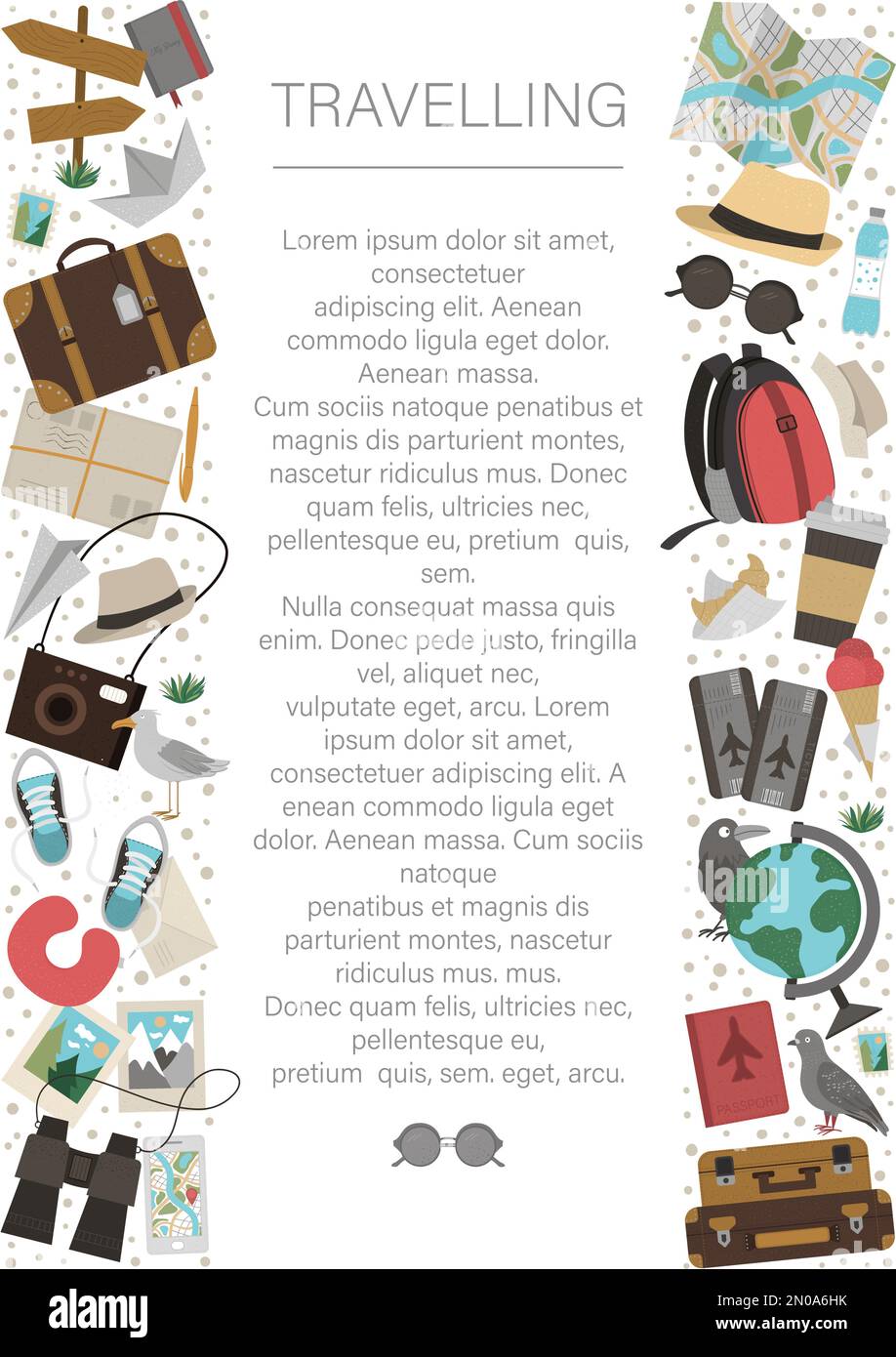 Vector vertical layout frame with travelling objects. Journey elements ...