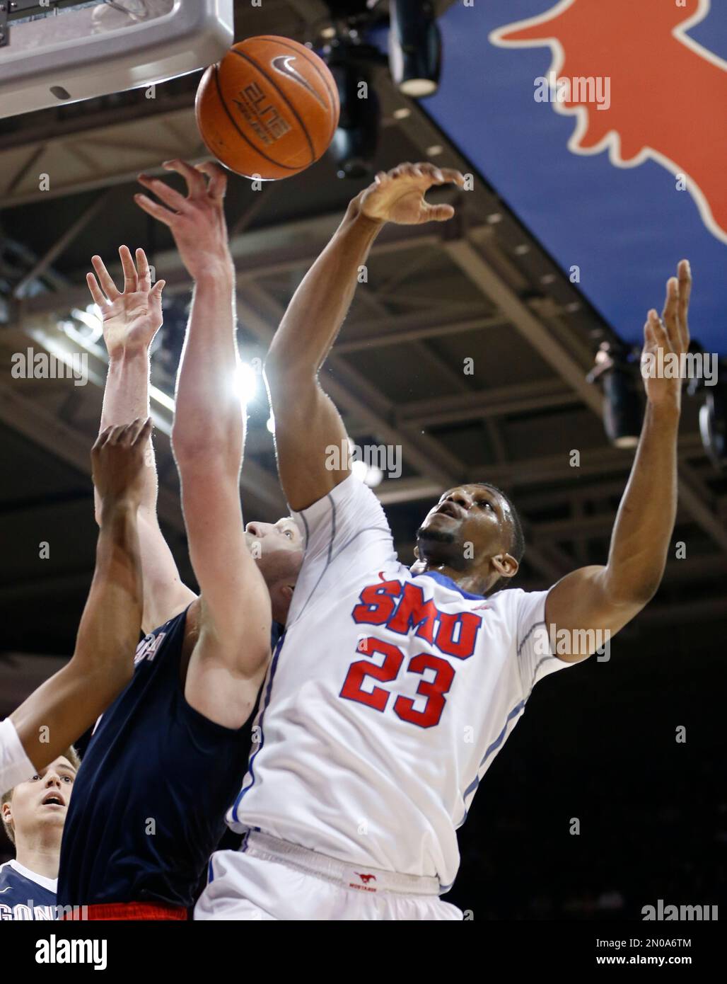 SMU forward Jordan Tolbert (23) battles for a rebound against Gonzaga forward Domantas Sabonis ...