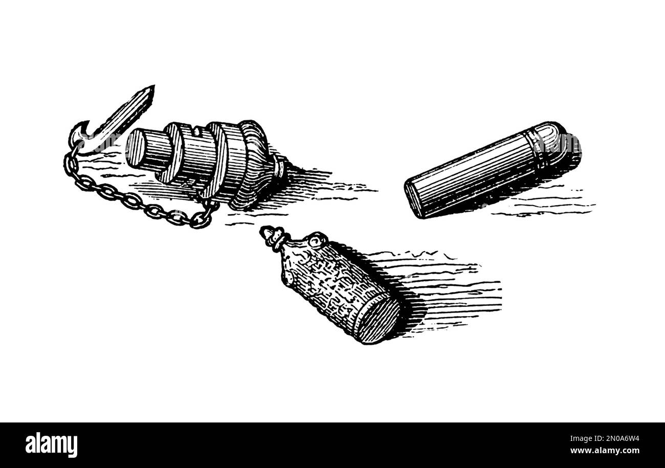 Antique 19th-century engraving depicting artillery weapons and tools ...