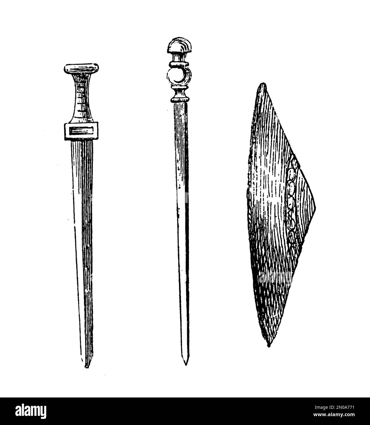 Antique 19th-century engraving of Assyrian military equipment ...