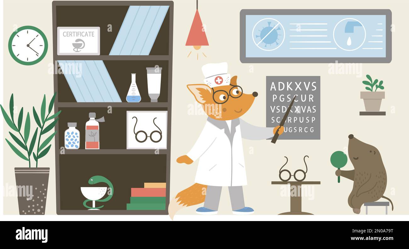 Vector hospital ward. Funny animal doctor checking patients eyesight in ...