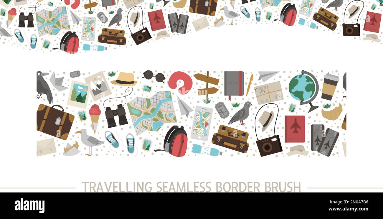 Vector seamless pattern brush with flat travelling objects. Journey ...