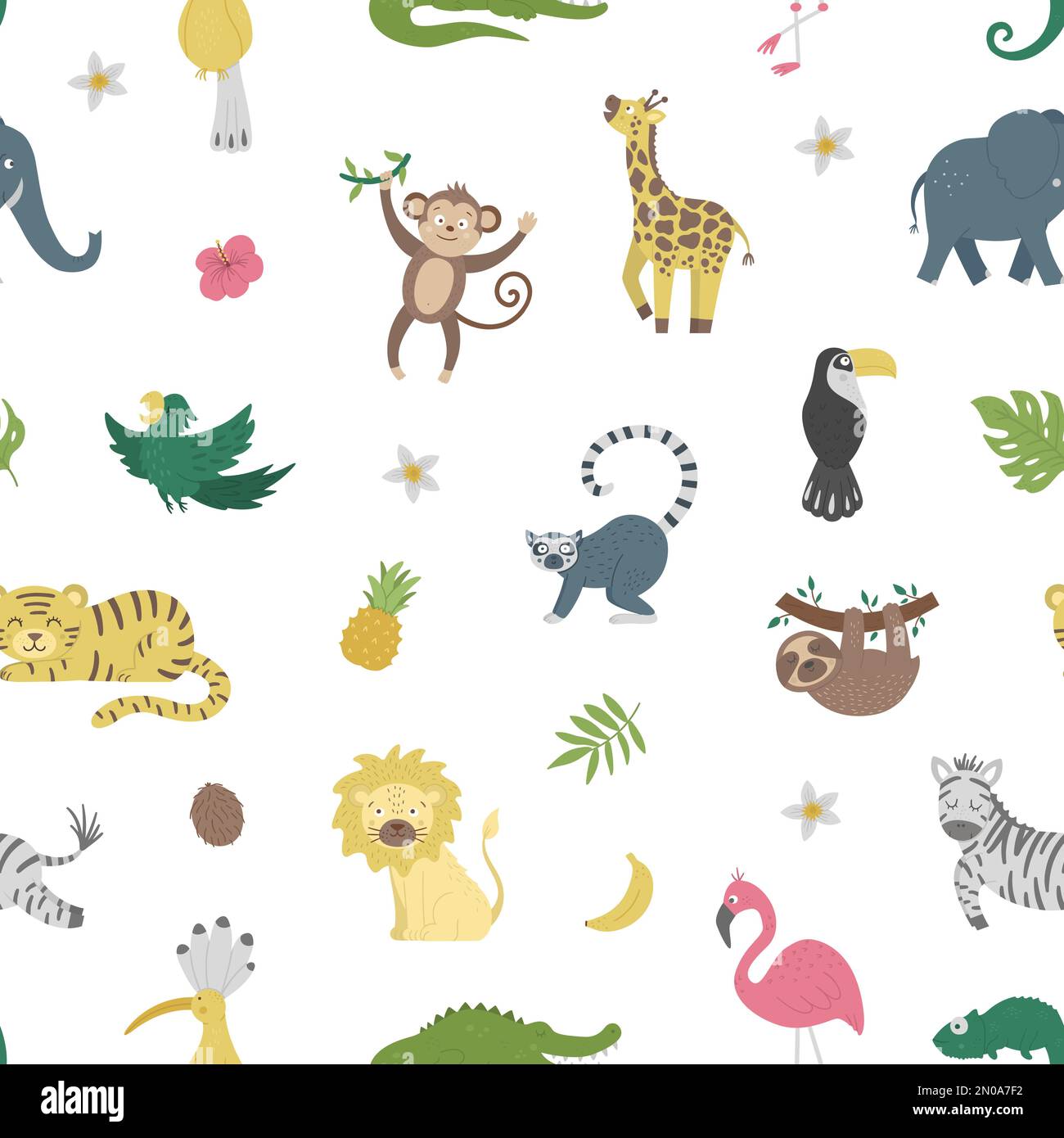 Vector seamless Pattern with cute exotic animals, leaves, flowers ...