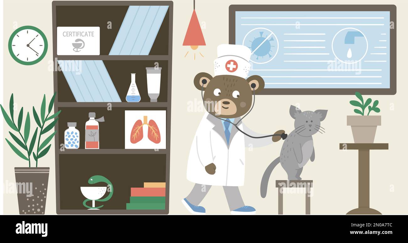 Vector hospital ward. Funny animal doctor listening to patients lungs ...