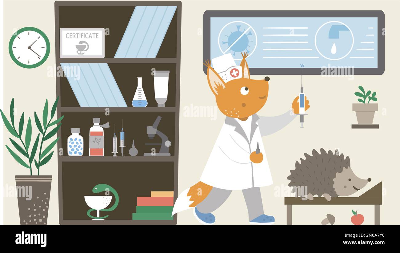Vector hospital ward. Funny animal nurse making injection in clinic ...