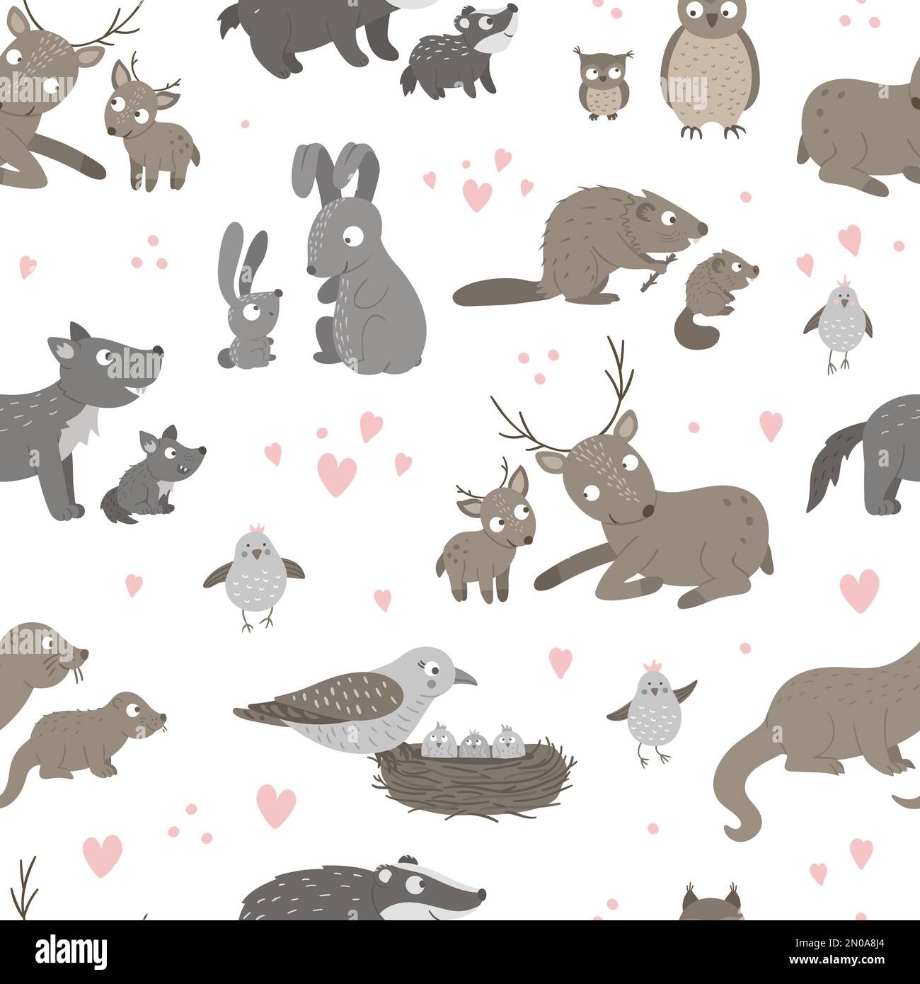 Vector seamless pattern with baby animals and their parents. Funny ...