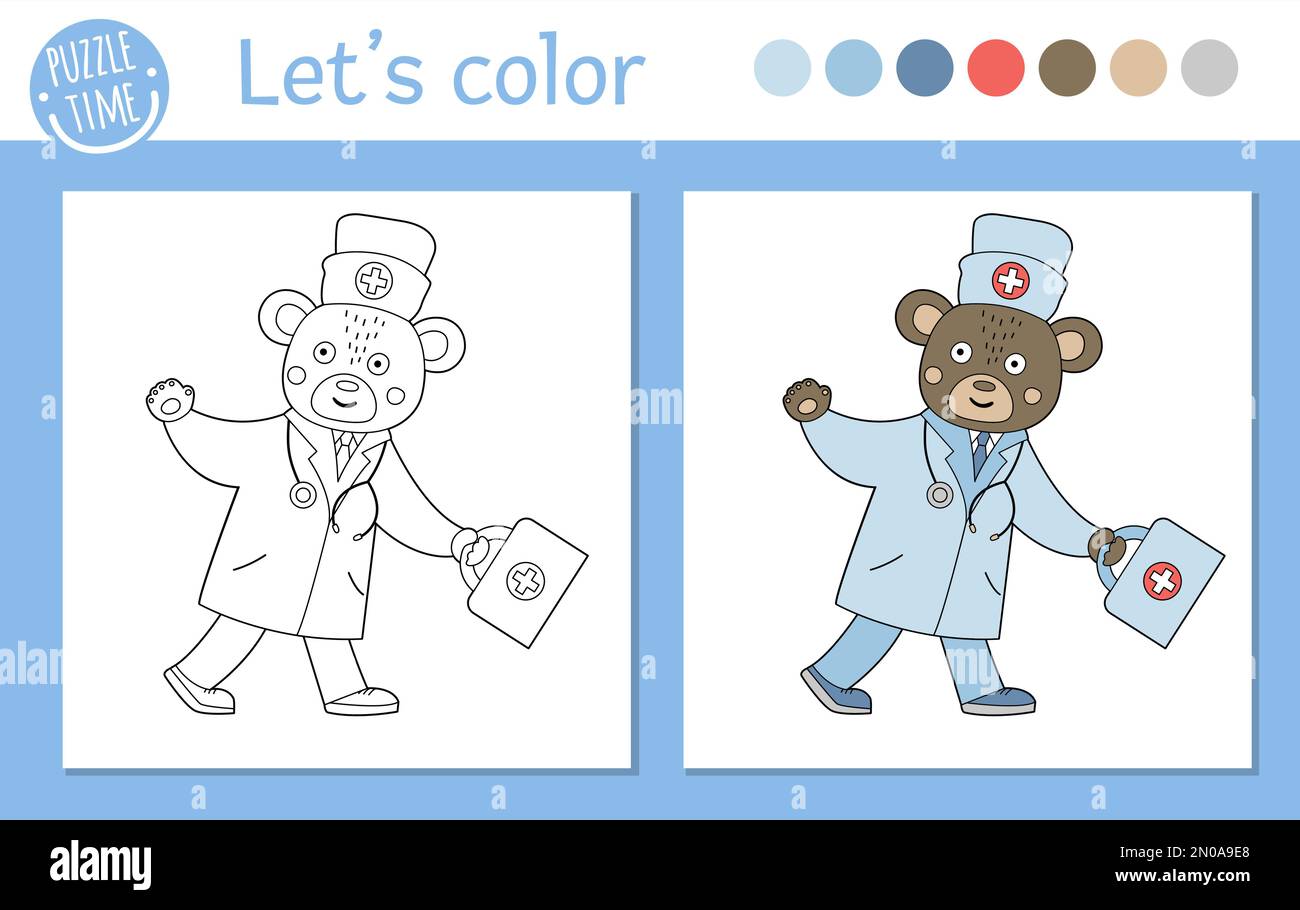 Medicine coloring page for children. Vector bear doctor going with ...