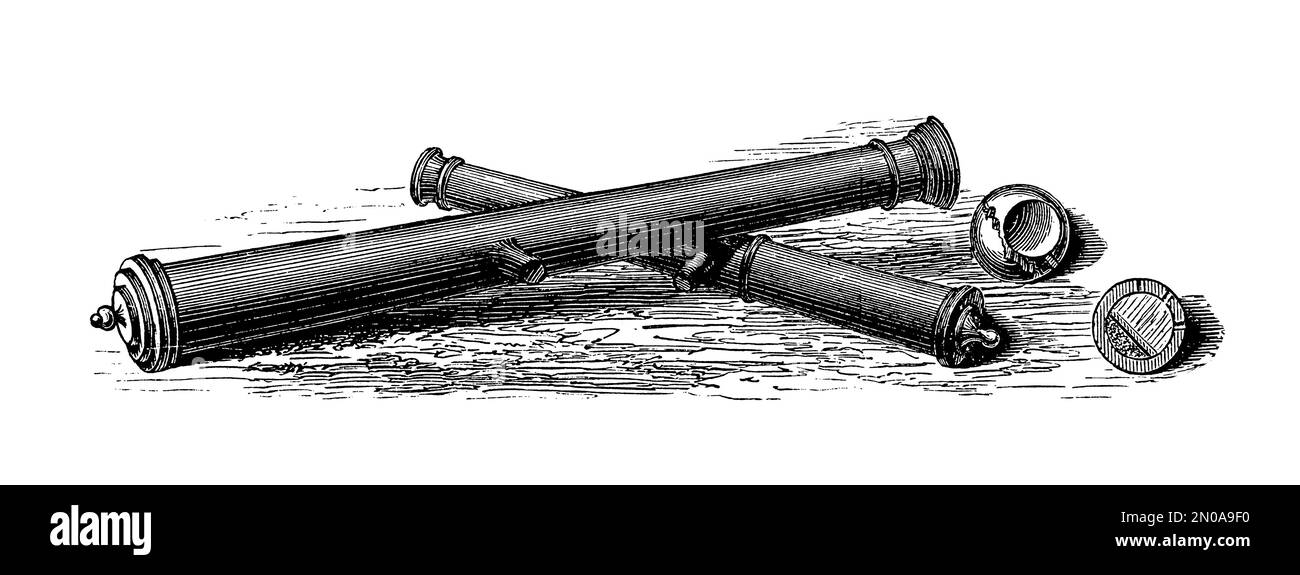 Antique engraving depicting German, French and Italian artillery and ...