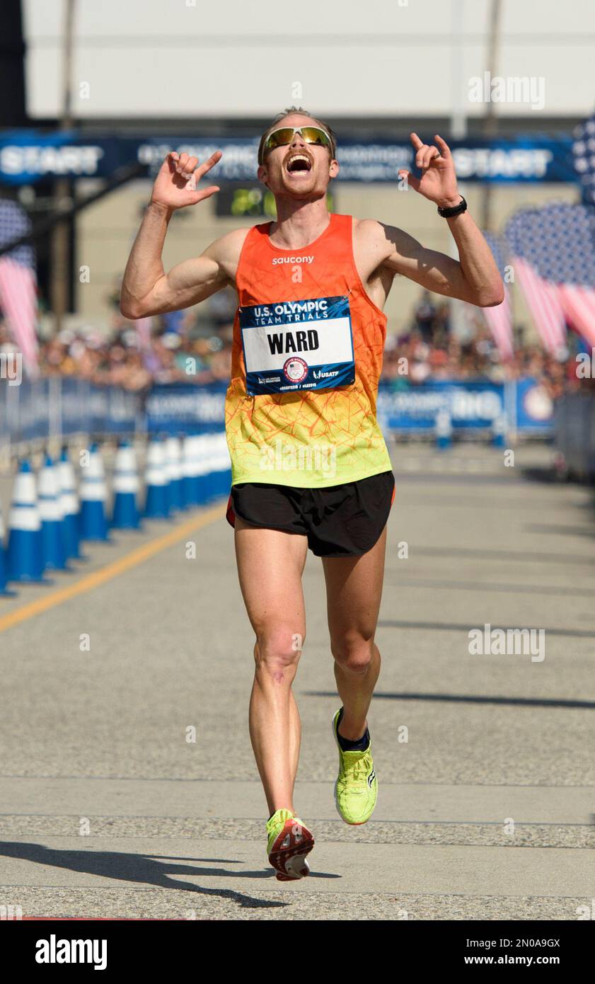 Jared Ward reacts as he crosses the finish line during the U.S. Olympic ...