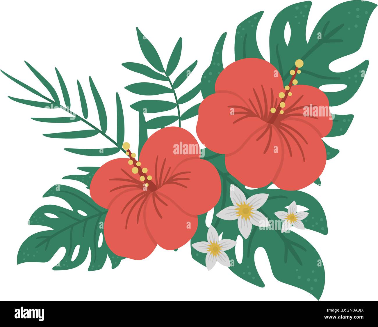 Vector tropical composition with red hibiscus, monstera, palm leaves ...