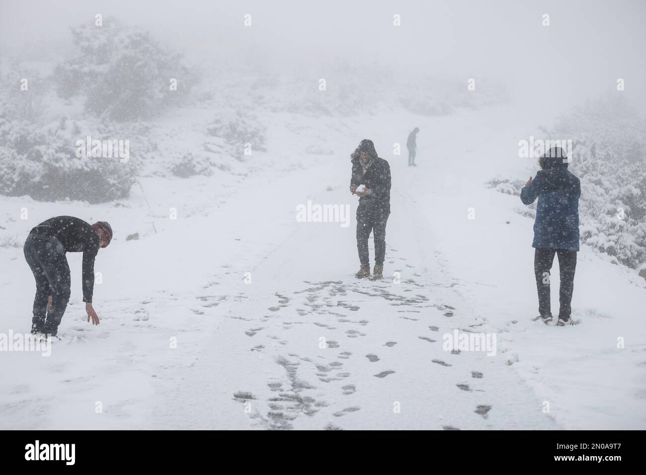 Rajo, Syria. 05th Feb, 2023. Syrians play with snow during heavy ...