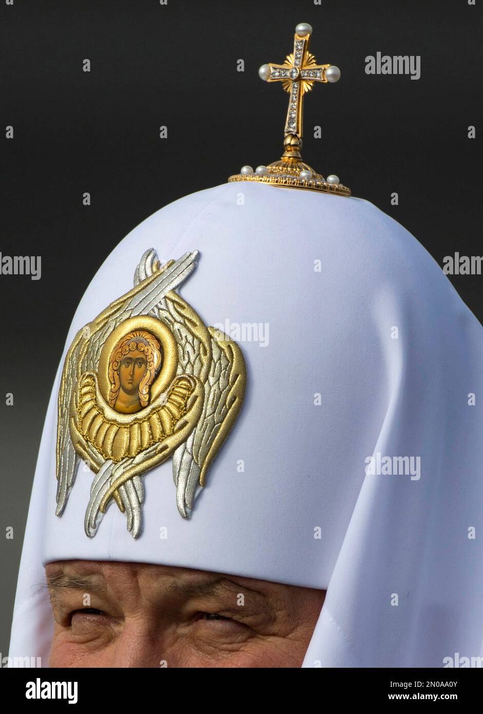 In this Feb. 11, 2016 photo, Christian symbols decorate the hat of ...