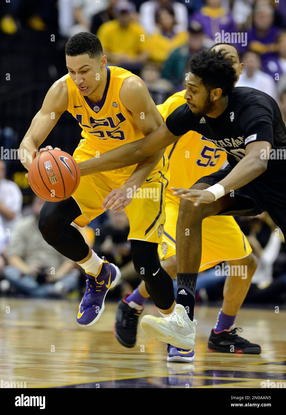 LSU forward Ben Simmons (25) steals the ball from Texas A&M center ...