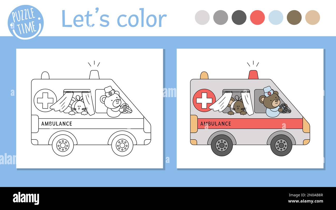 Medical coloring page for children. Vector outline ambulance with cute ...