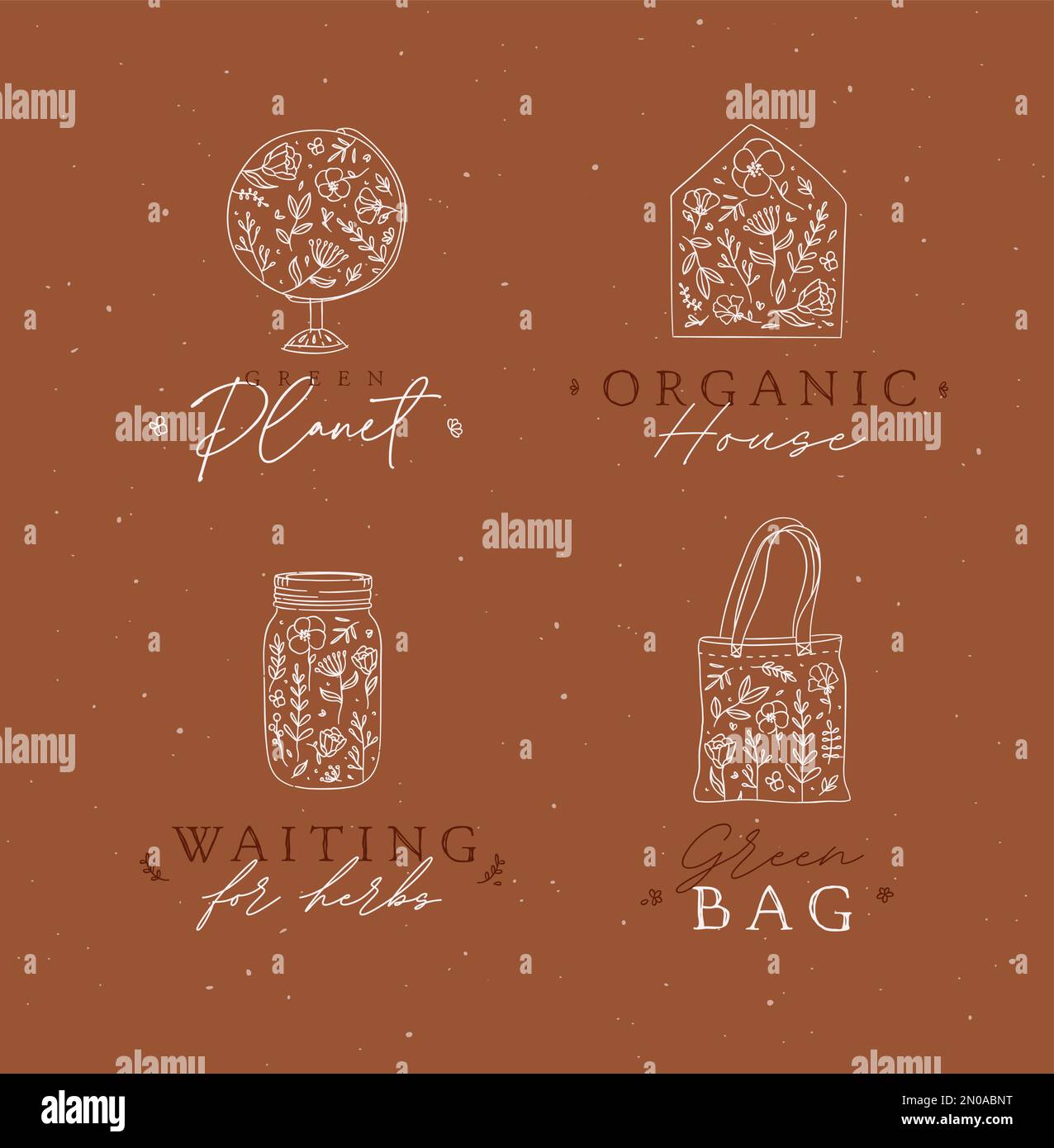Labels globe, envelope, hand bag, jar of jam with flowers drawing on ...