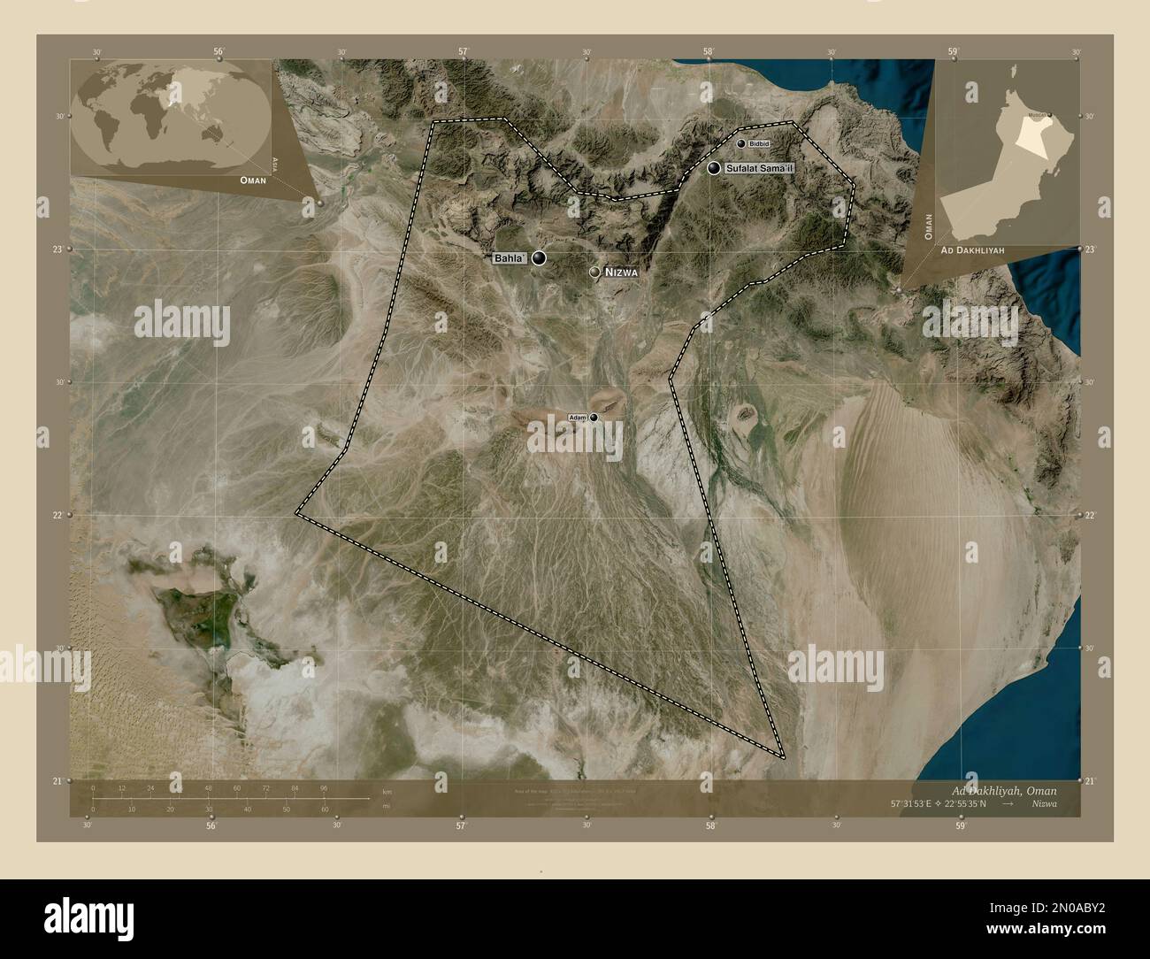 Ad Dakhliyah, region of Oman. High resolution satellite map. Locations ...