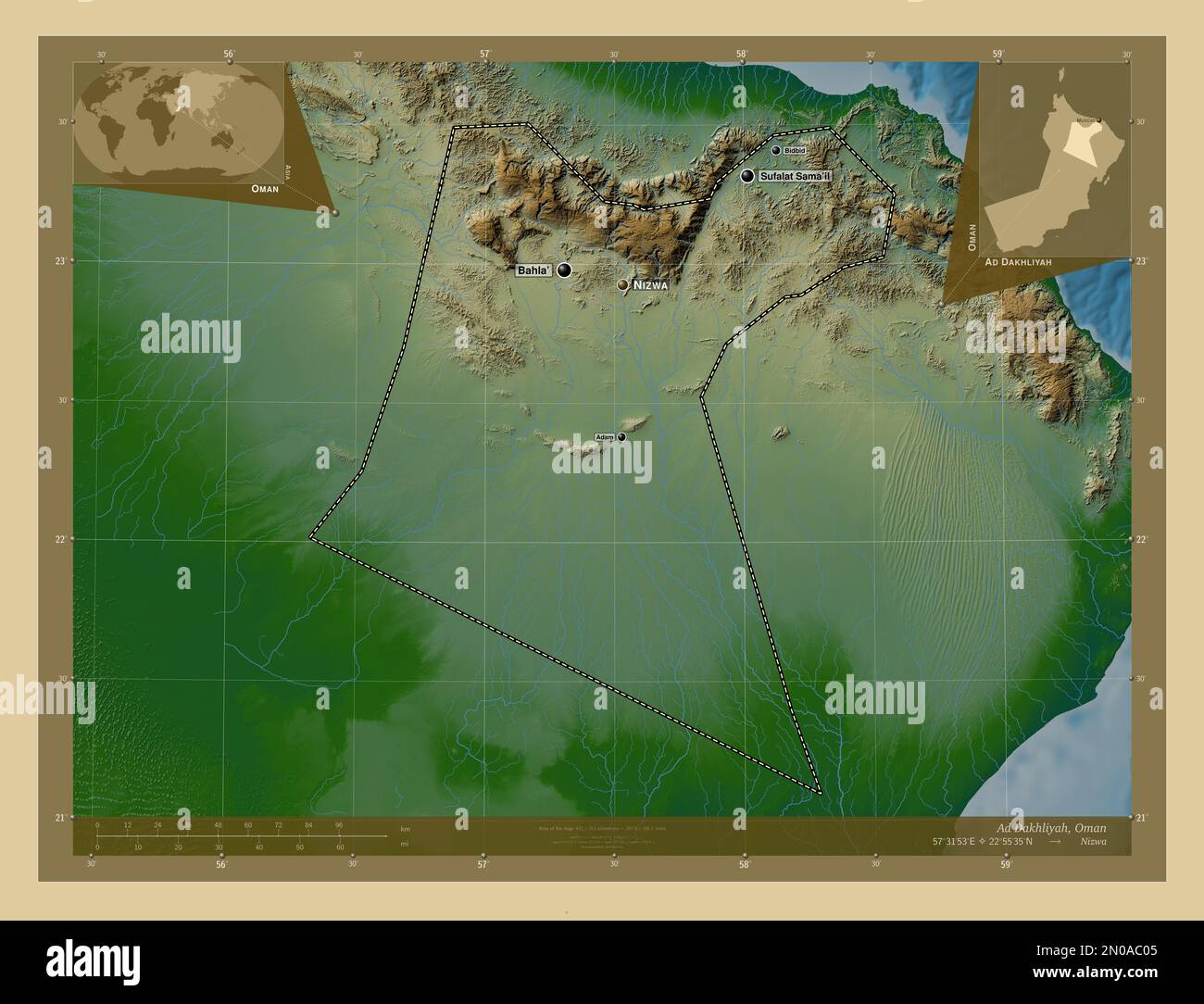 Ad Dakhliyah, region of Oman. Colored elevation map with lakes and ...