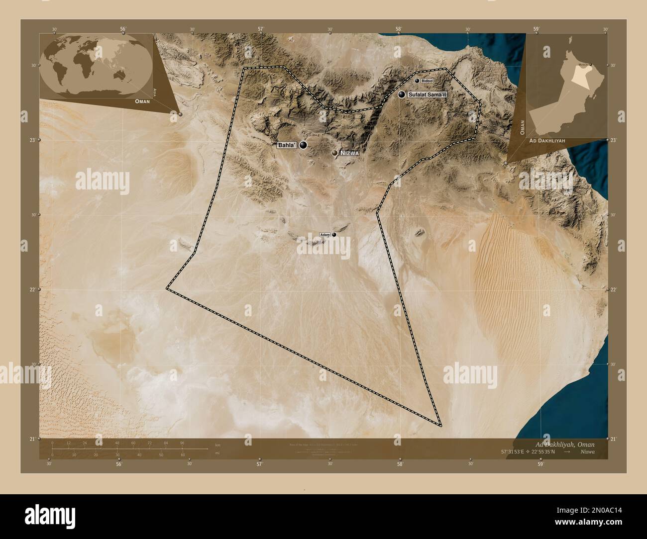 Ad Dakhliyah, region of Oman. Low resolution satellite map. Locations ...