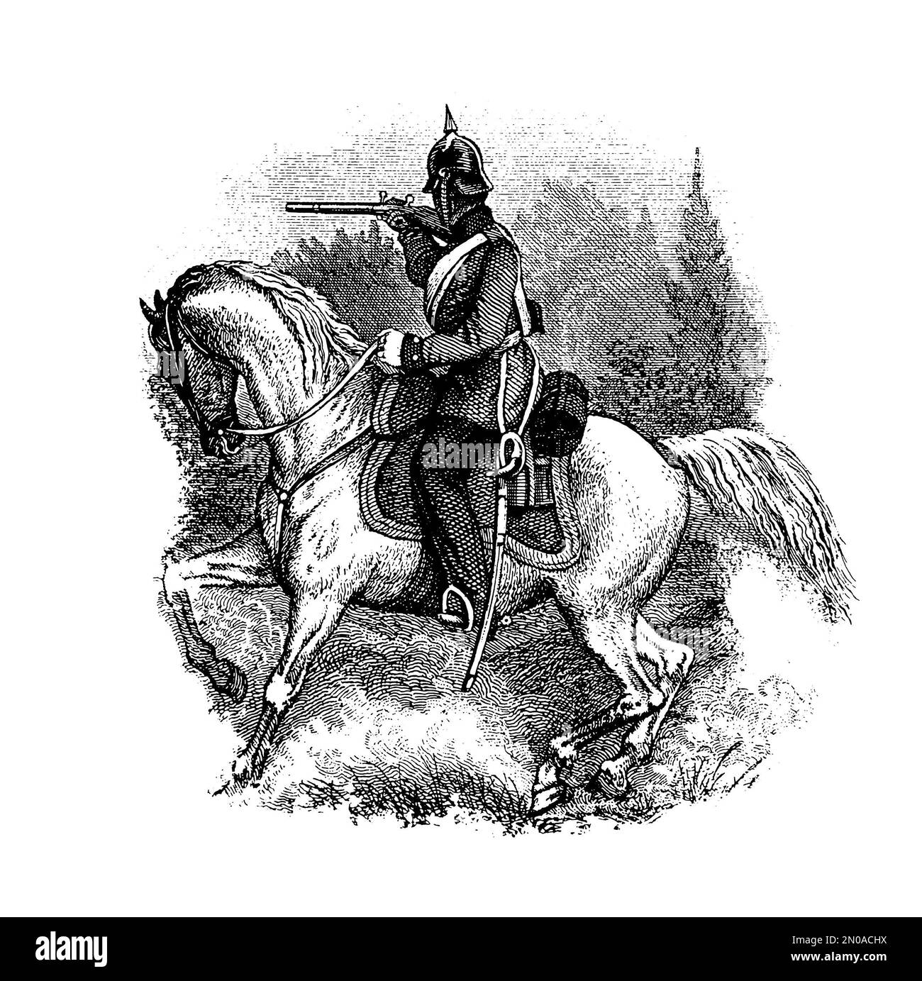 Antique 19th-century illustration of Prussian dragoons. Engraving ...