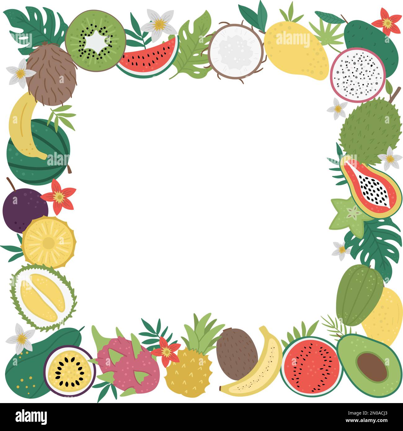 Vector square frame with tropical fruit and berries with slices and ...