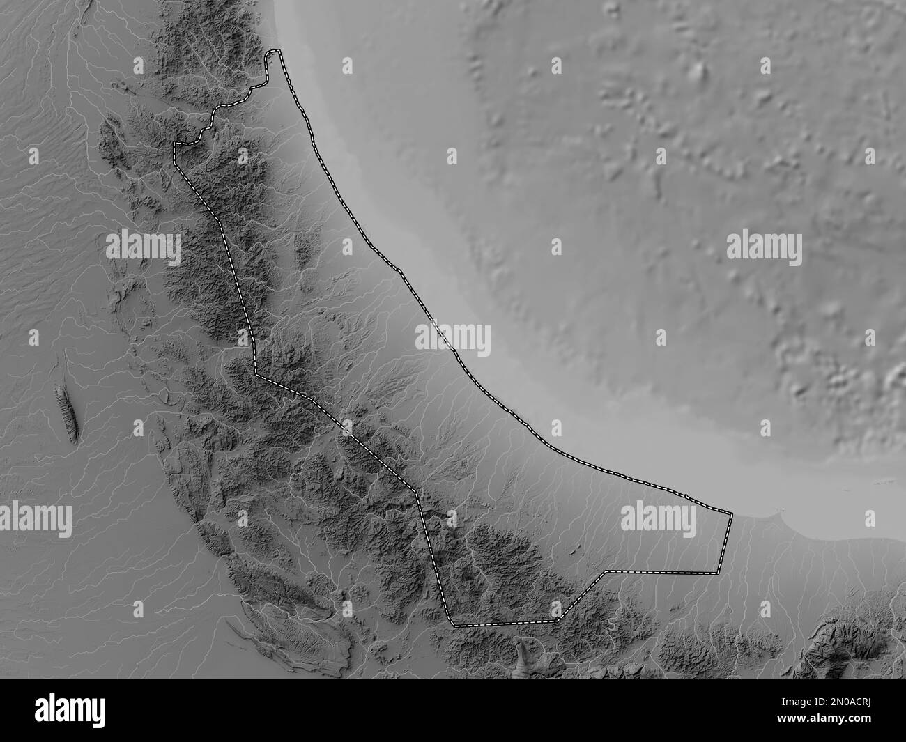 Al Batinah North, region of Oman. Grayscale elevation map with lakes ...