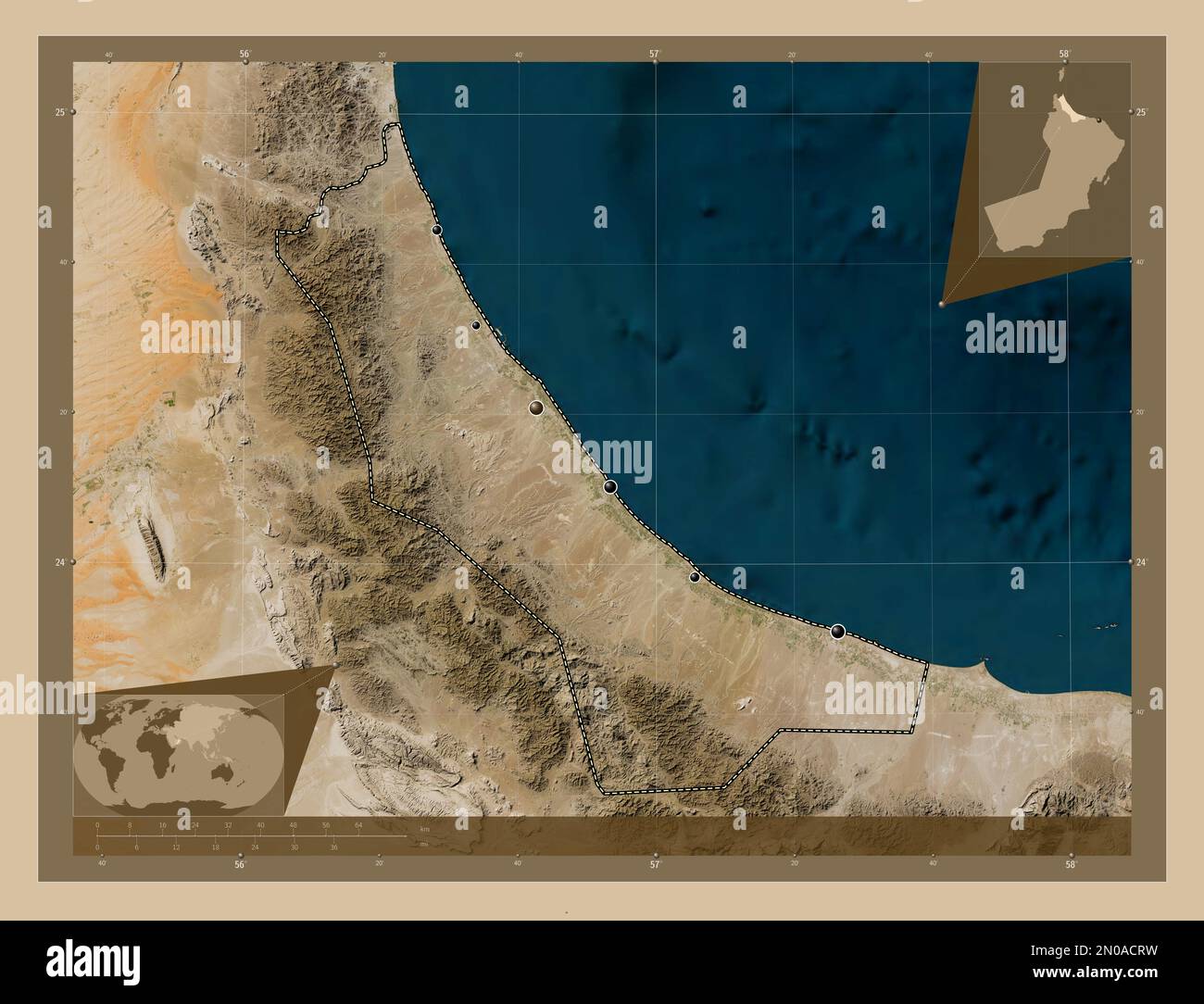 Al Batinah North, region of Oman. Low resolution satellite map ...
