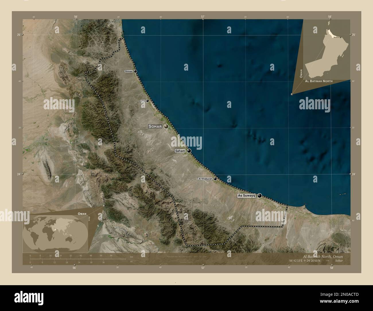 Al Batinah North, region of Oman. High resolution satellite map ...