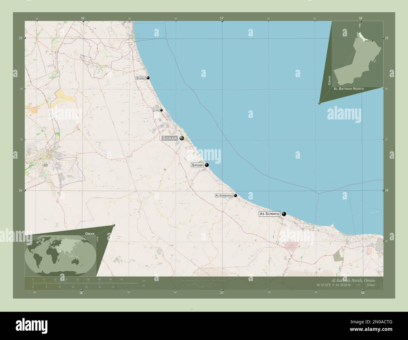 Al Batinah North, region of Oman. Open Street Map. Locations and names ...