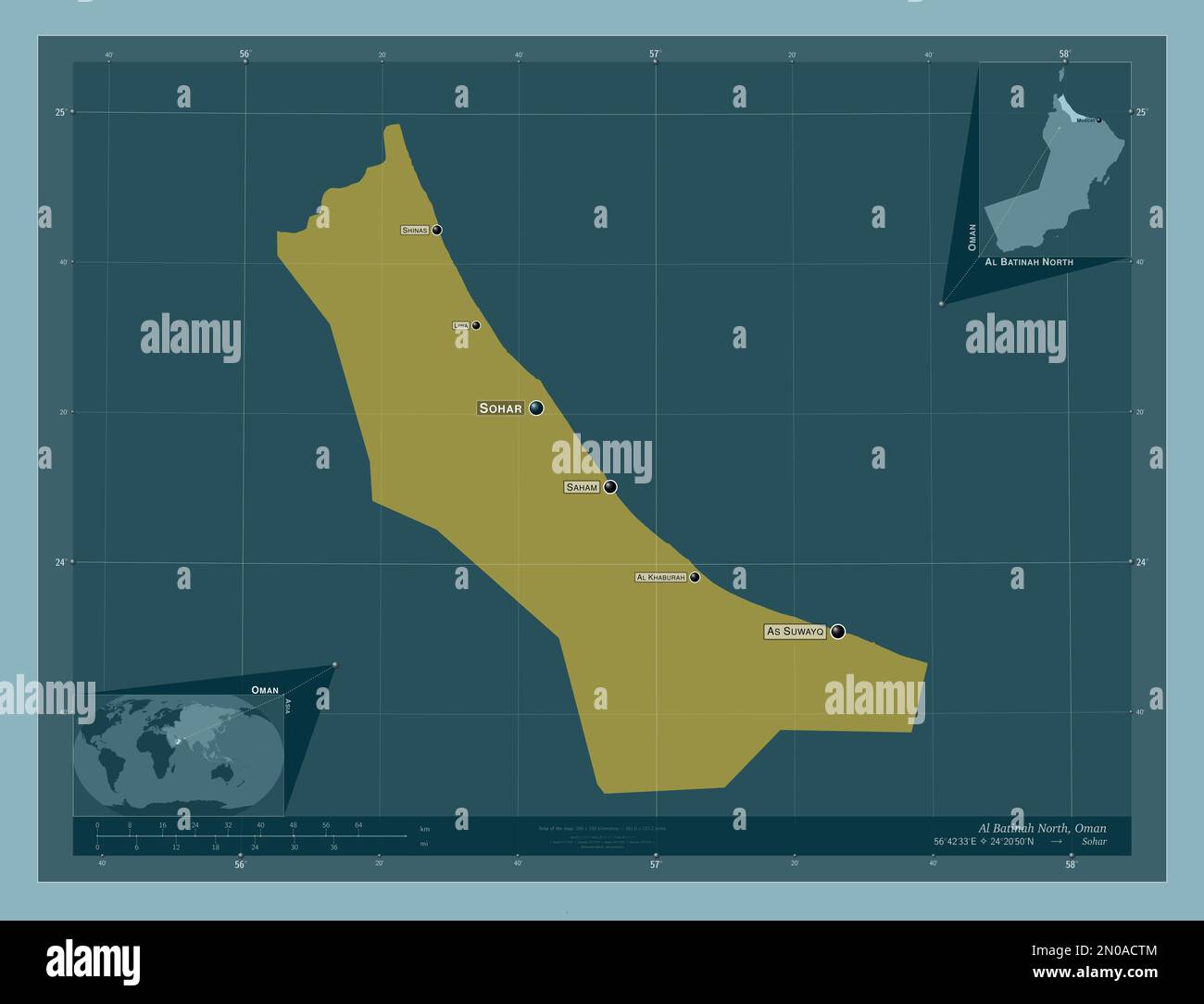 Al Batinah North, region of Oman. Solid color shape. Locations and ...