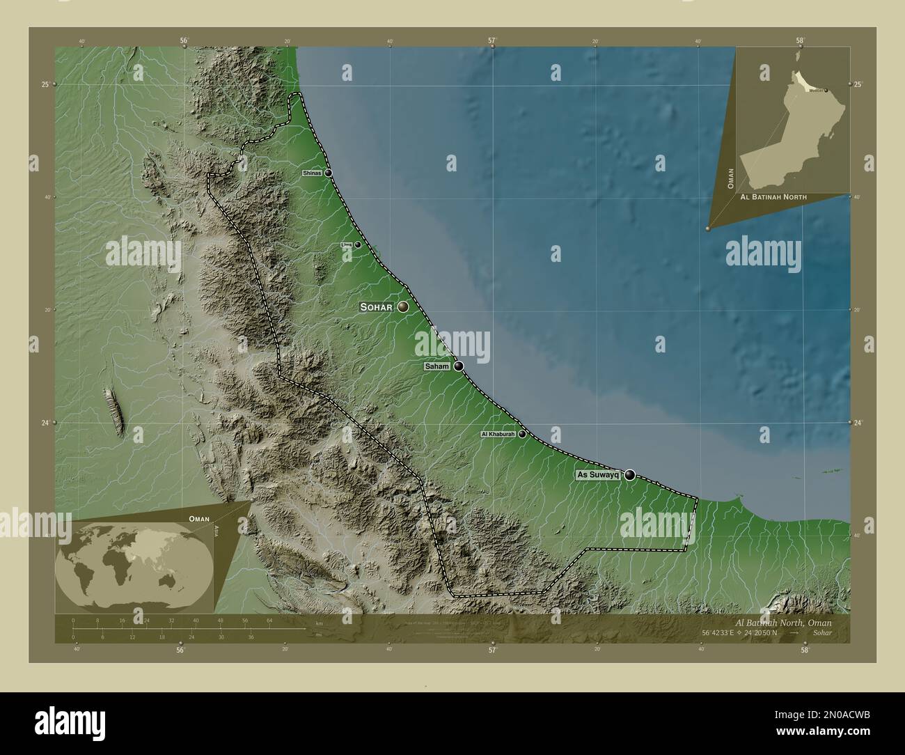 Al Batinah North, region of Oman. Elevation map colored in wiki style ...