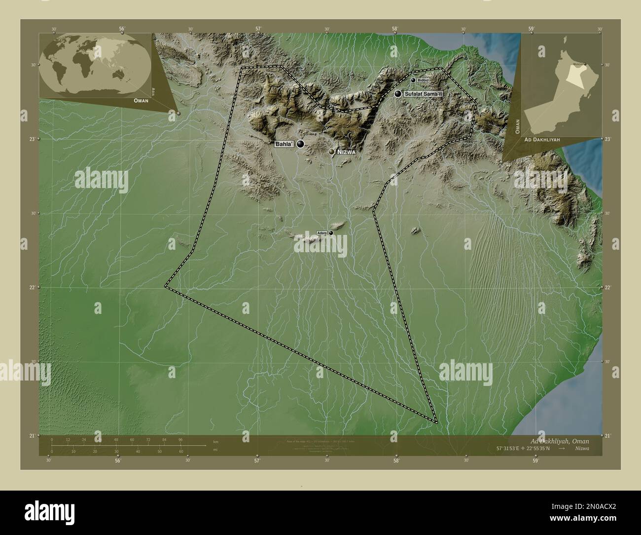 Ad Dakhliyah, region of Oman. Elevation map colored in wiki style with ...