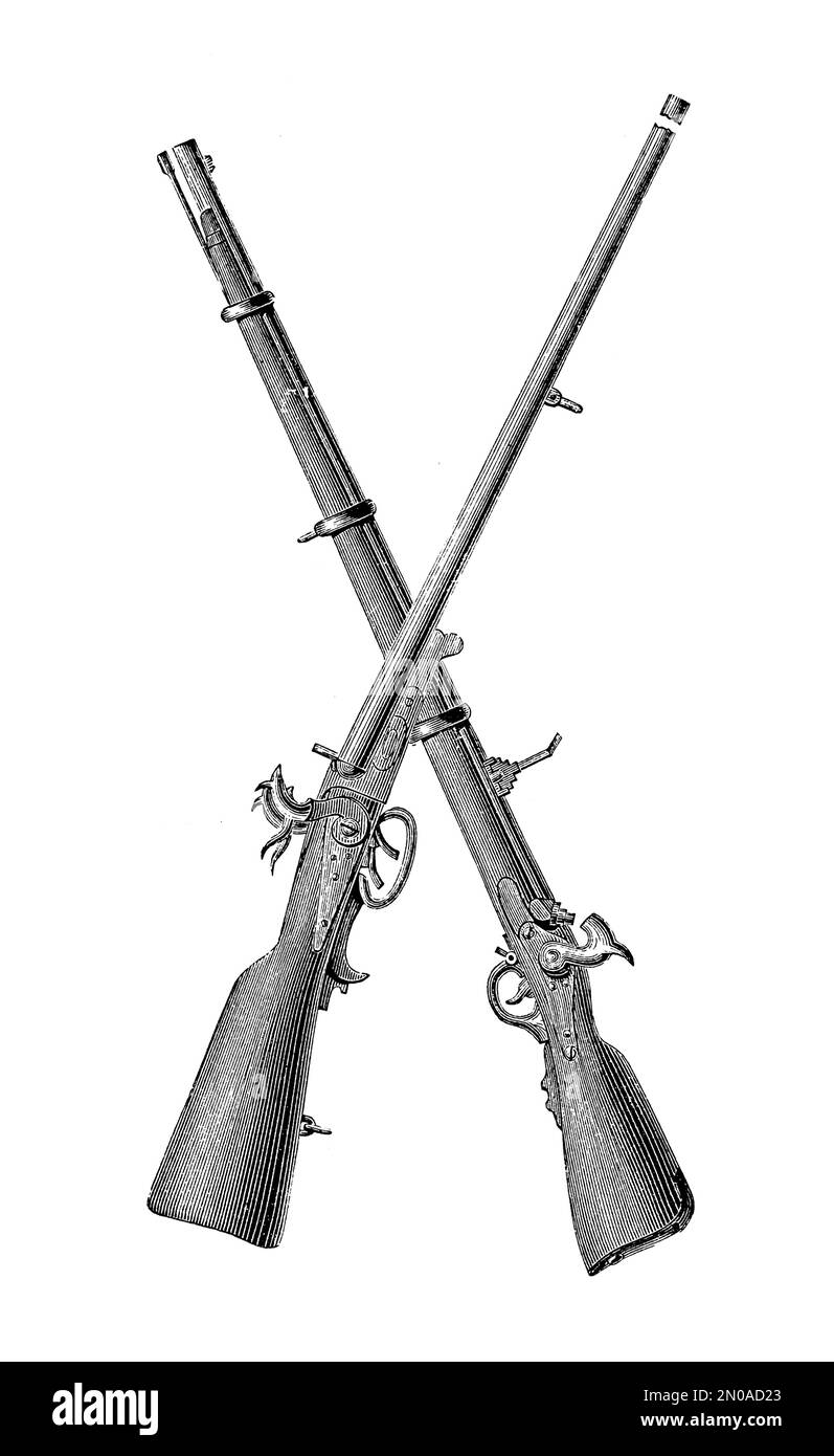 19th-century illustration depicting rifles and munitions, XIX century ... 19th-century illustration depicting rifles and munitions, XIX century ...