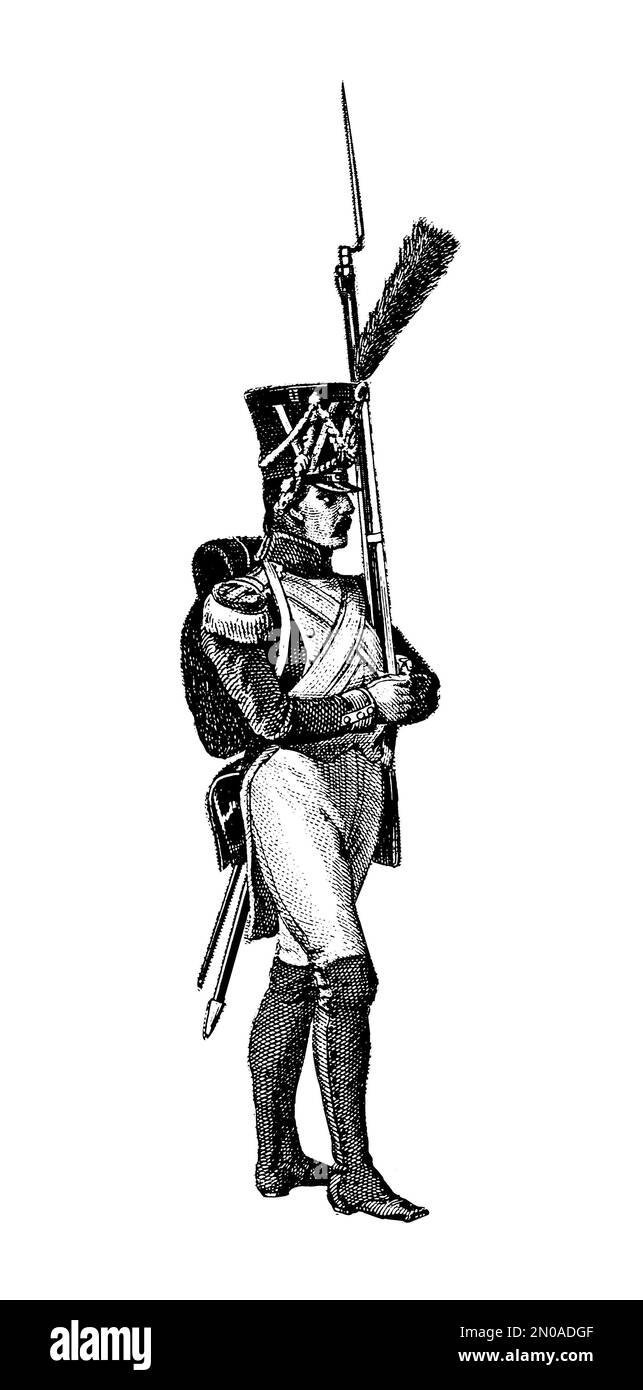 Antique Engraving Depicting The Troops Of Napoleon Bonaparte Xviii Xix Century Fusilier