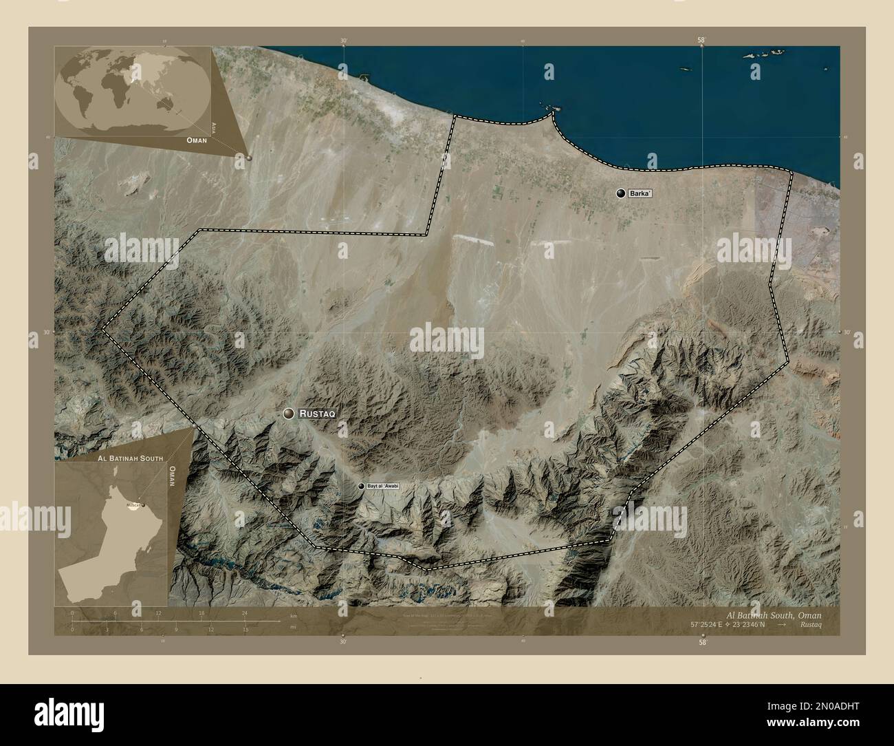 Al Batinah South, region of Oman. High resolution satellite map ...