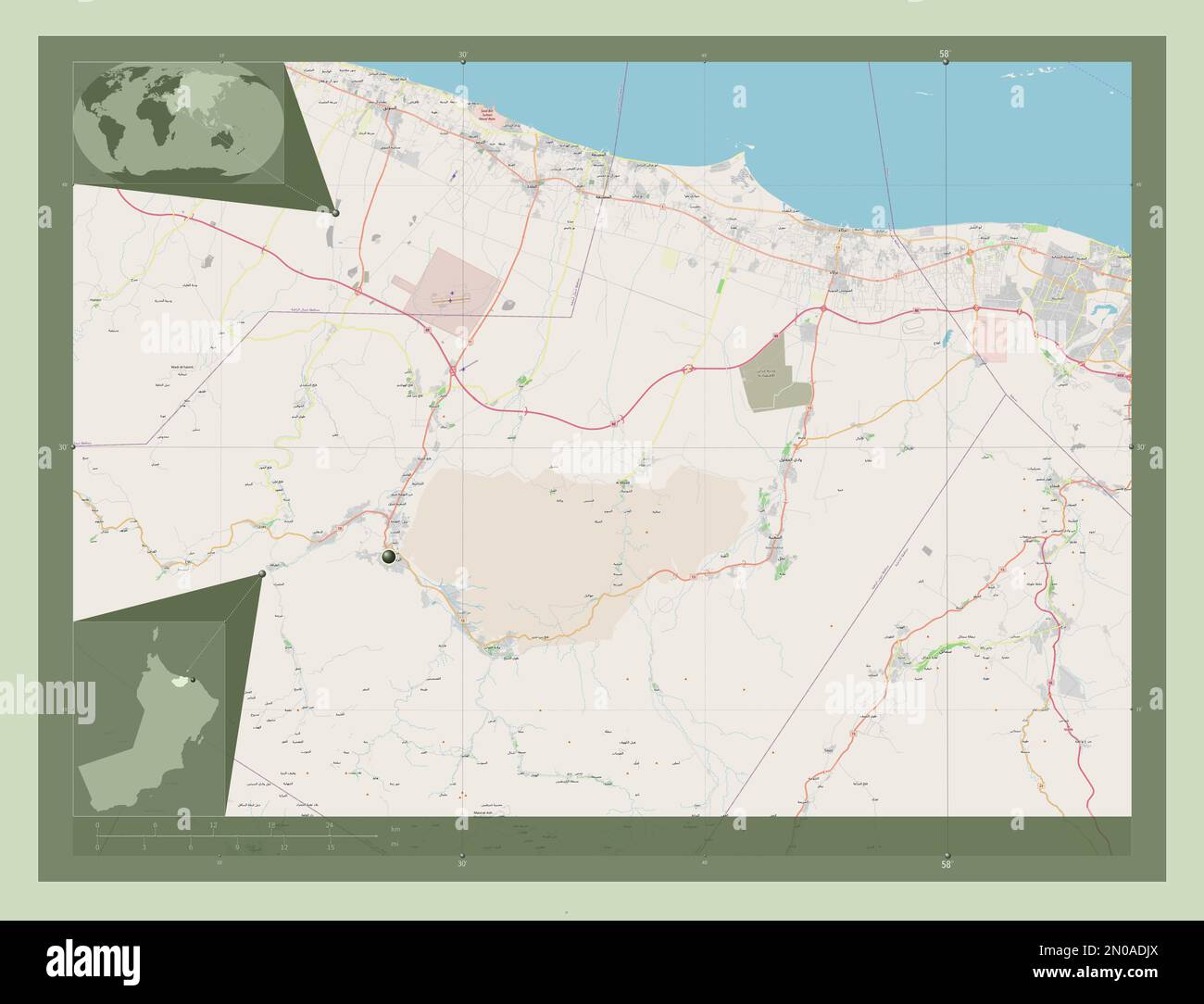 Al Batinah South, region of Oman. Open Street Map. Corner auxiliary ...