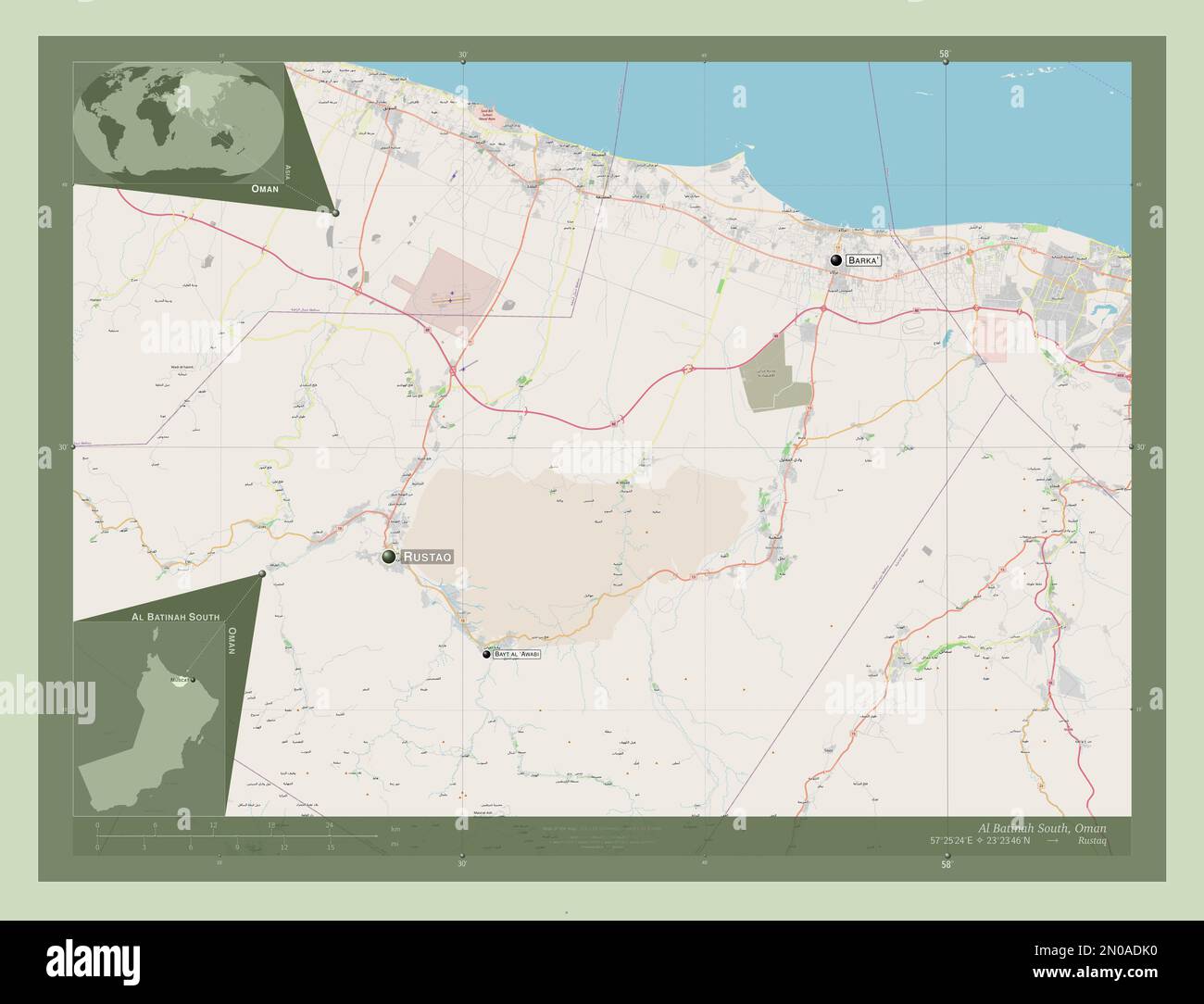 Al Batinah South, region of Oman. Open Street Map. Locations and names of major cities of the ...